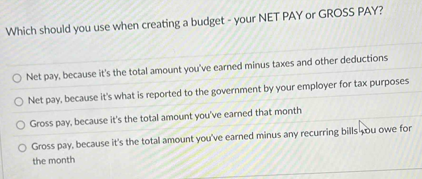 Solved: Which should you use when creating a budget - your NET PAY or ...