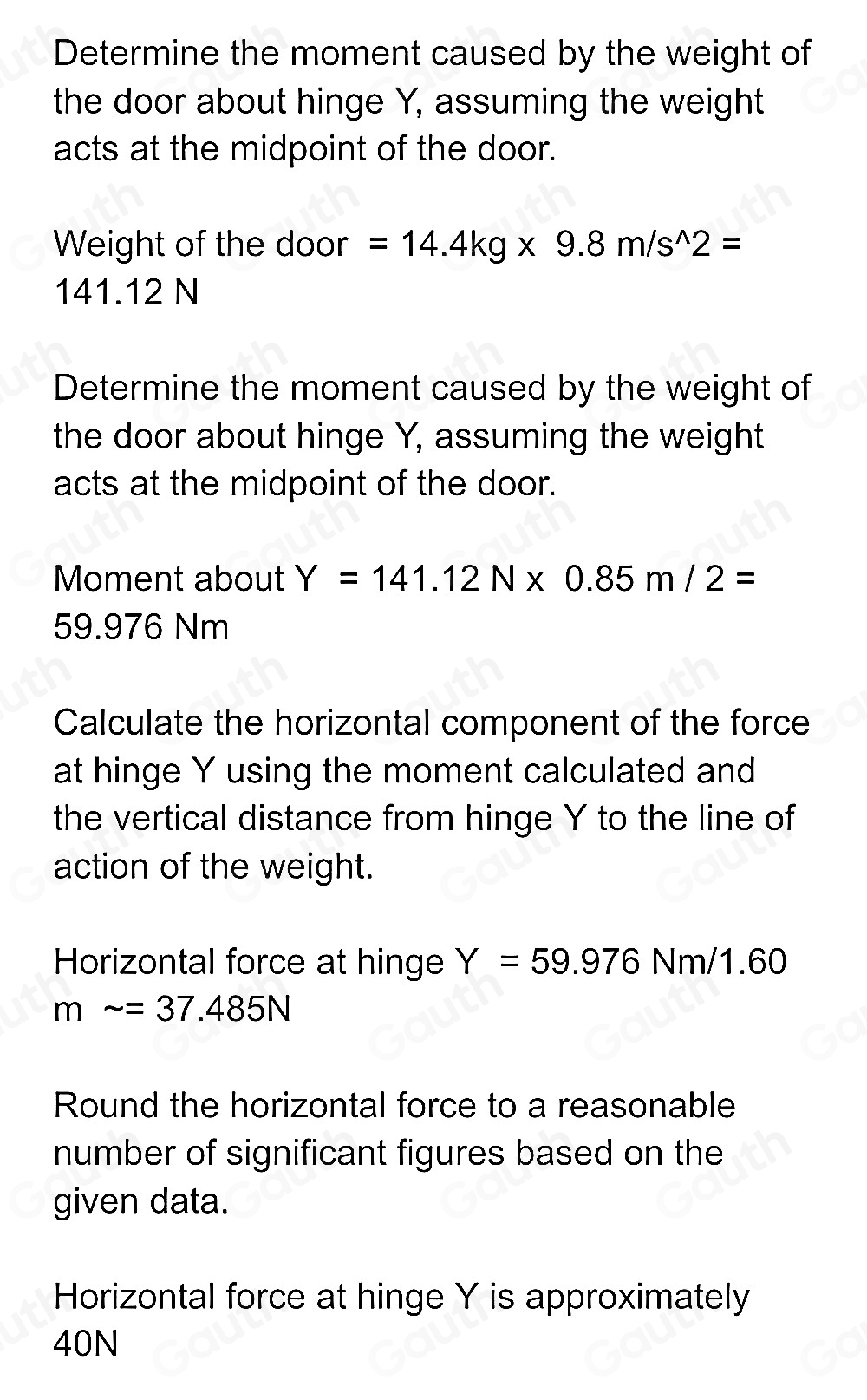 Solved: The diagram shows the force acting on the door at each hinge ...