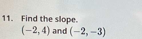 Solved: Find the slope. (-2,4) and (-2,-3) [Math]