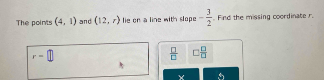Resuelto:The points (4,1) and (12,r) lie on a line with slope - 3/2 ...