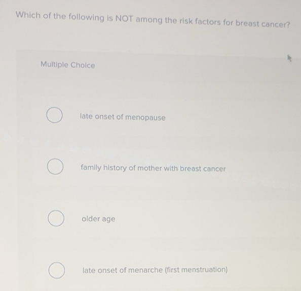 Solved: Which of the following is NOT among the risk factors for breast ...