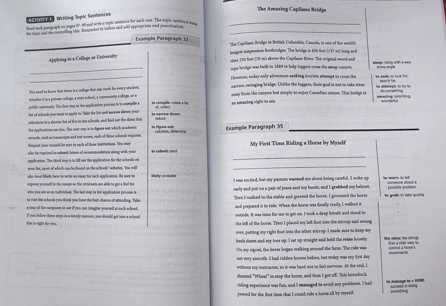 Giải quyết:The Amazing Capilano Bridge ACTVITY Writing Topic Sentences ...