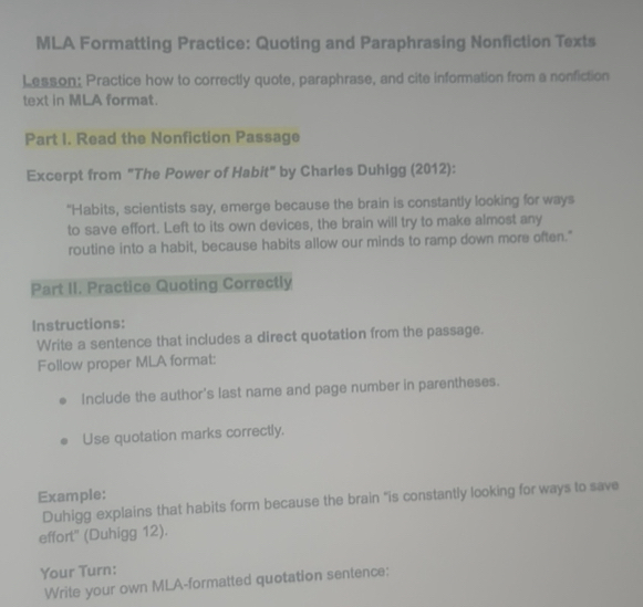 Solved: MLA Formatting Practice: Quoting and Paraphrasing Nonfiction ...