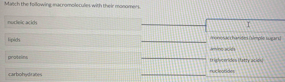 Solved: Match the following macromolecules with their monomers. nucleic ...