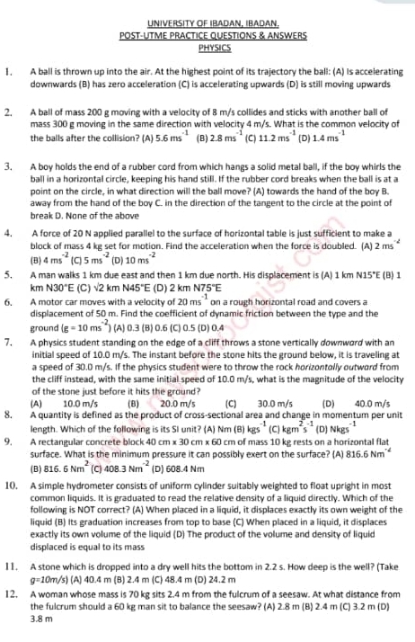 Solved: UNIVERSITY OF IBADAN, IBADAN, POST-UTME PRACTICE QUESTIONS ...