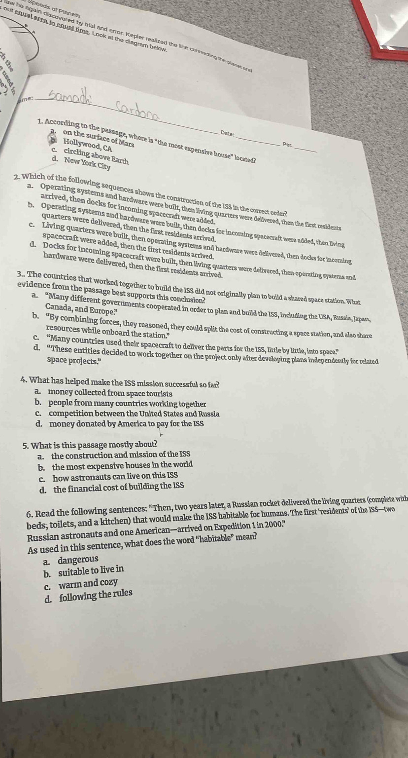Solved: Speeds of Planets out equal area in equal time. Look at the ...