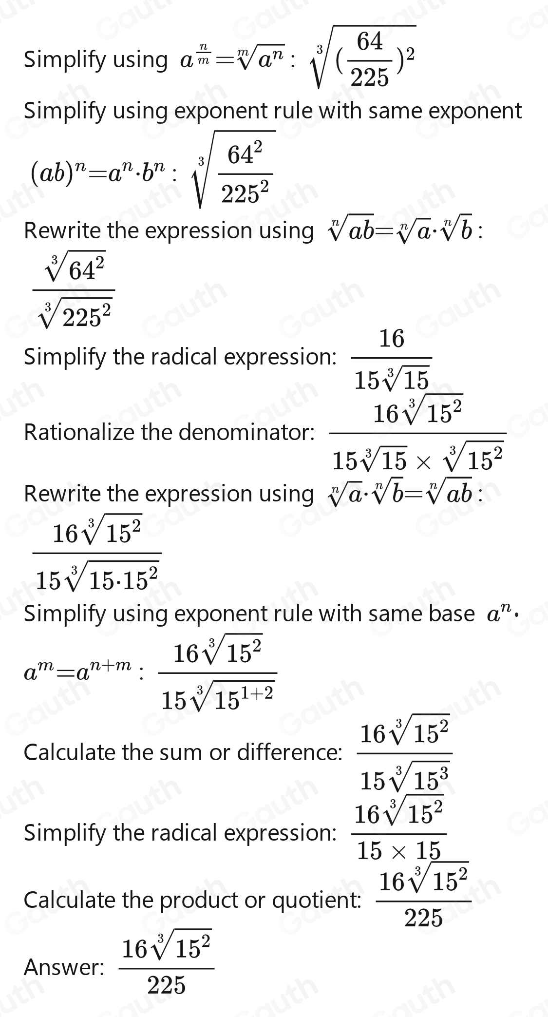 Solved: Evaluate ( 64/225 )^ 2/3 [Math]