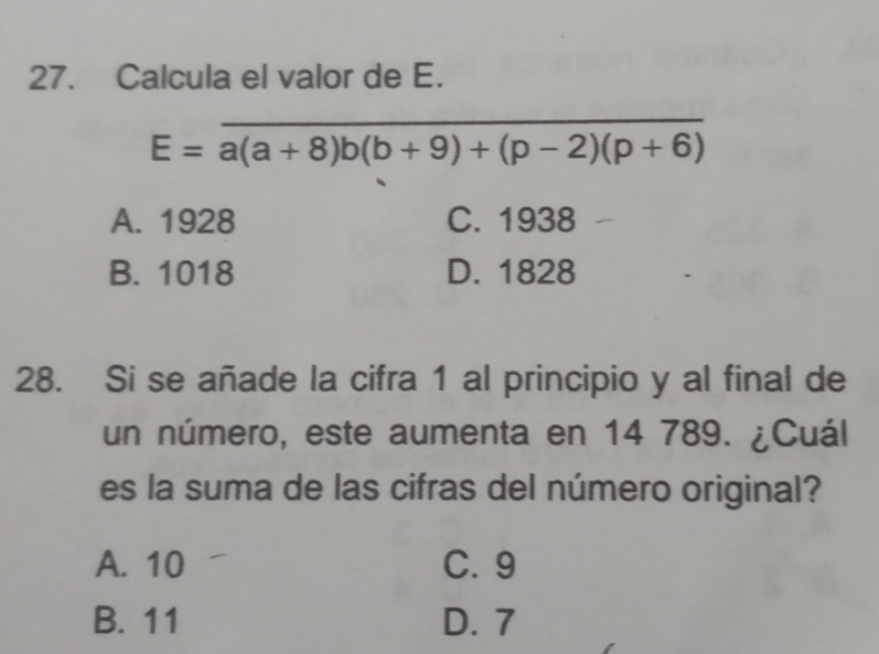 Resuelto:Calcula el valor de E. E=overline a(a+8)b(b+9)+(p-2)(p+6) A ...