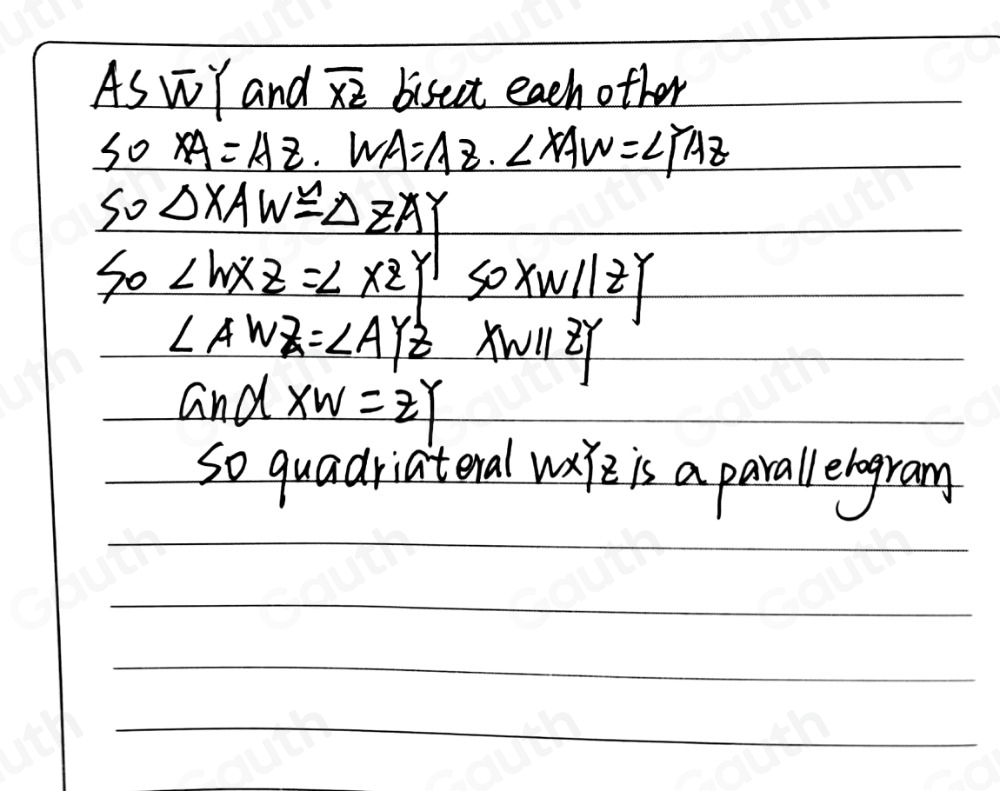Solved: Given:In quadrilateral WXYZ, overline WY and overline XZ bisect ...