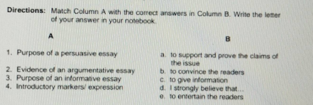Solved: Directions: Match Column A with the correct answers in Column B ...