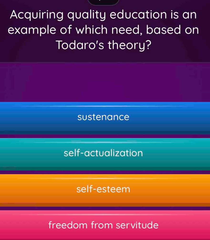 Solved: Acquiring quality education is an example of which need, based ...