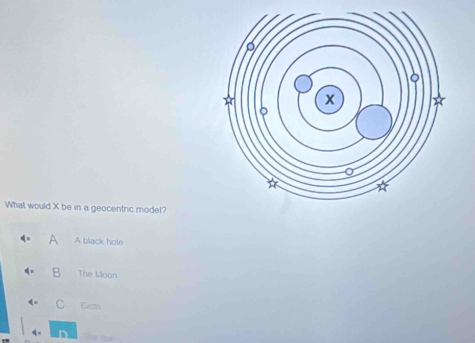 Solved: What would X be in a geocentric model? A A black hole B The ...