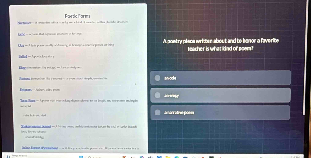 Solved: Poetic Forms Narrative — A poem that tells a story by some kind ...