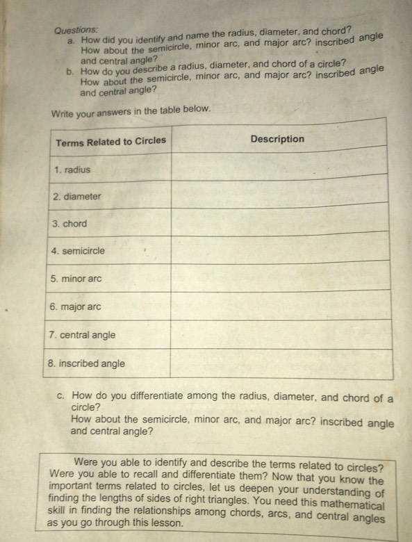 Solved: How did you identify and name the radius, diameter, and chord ...