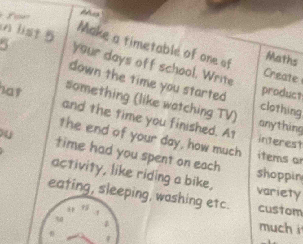 Solved: for in list 5 5 Make a timetable of one of Maths your days off school, Write Create [Math]