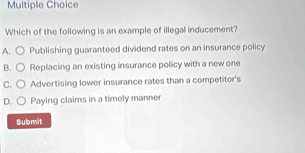 Solved: Which of the following is an example of illegal inducement? A ...