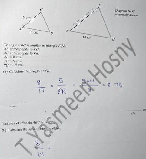 تم الحل:Diagram NOT accurately drawn Triangle ABC is similar to triangle PQR. AB corresponds to