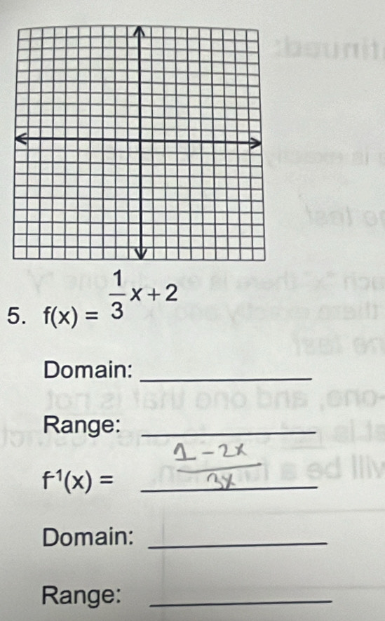 Solved: f(x)= 1/3 x+2 Domain:_ Range:_ f^(-1)(x)= _ Domain:_ Range:_ [Math]