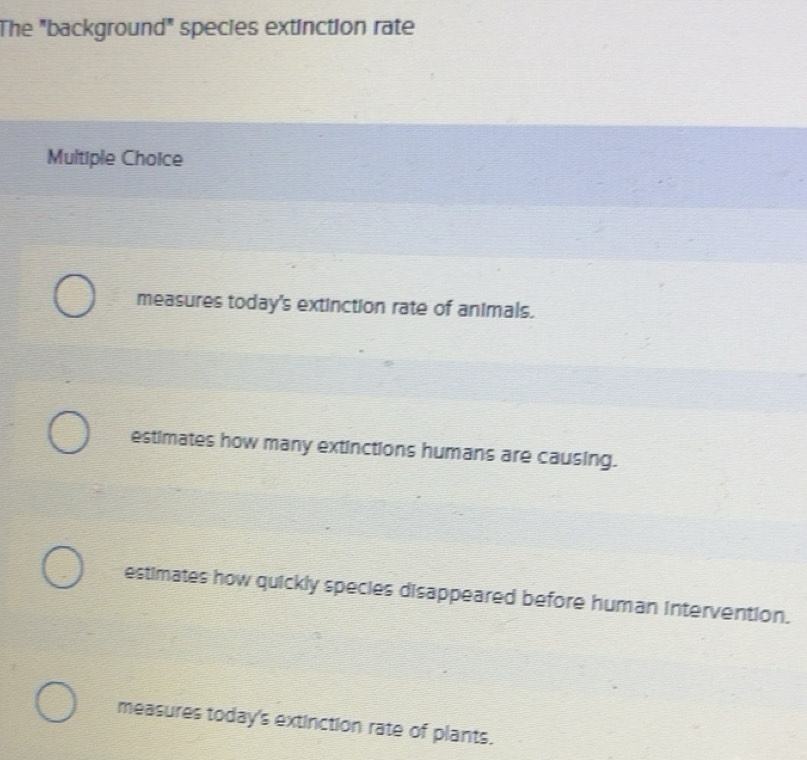 Solved: The "background" species extinction rate Multiple Choice ...