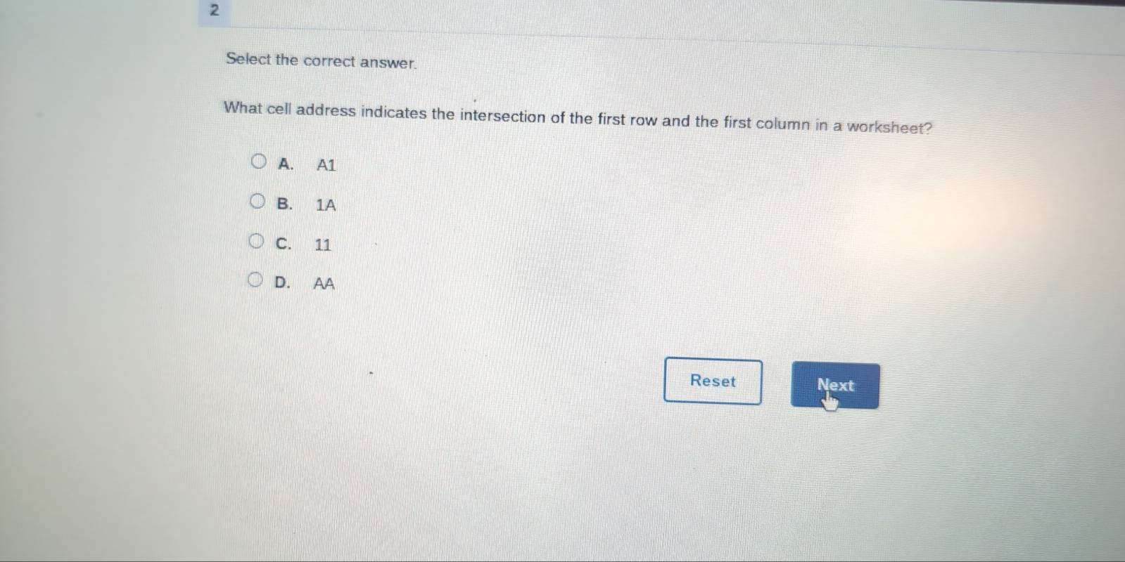 Solved: Select the correct answer. What cell address indicates the ...