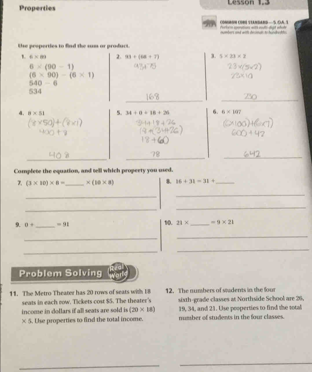 Solved: Lesson 1.3 Properties COMMON CORE STANDARD—S.OA.1 Perform ...