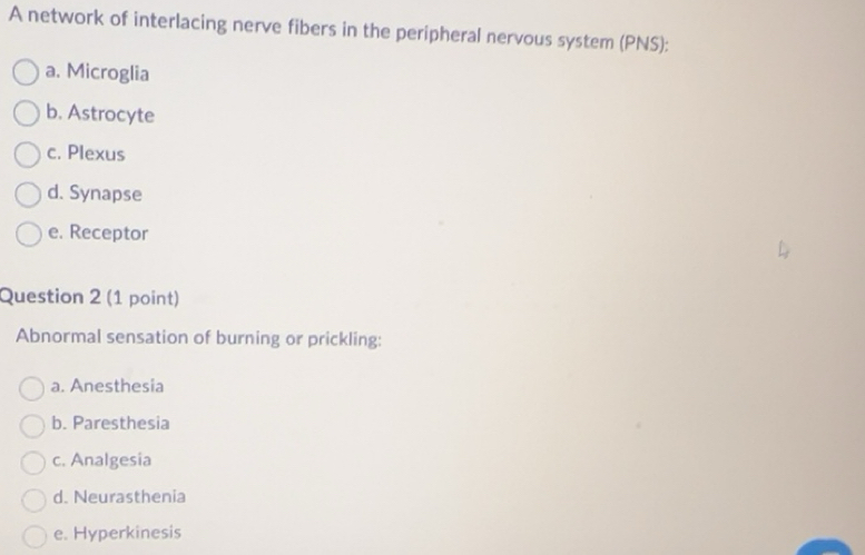 Solved: A network of interlacing nerve fibers in the peripheral nervous ...
