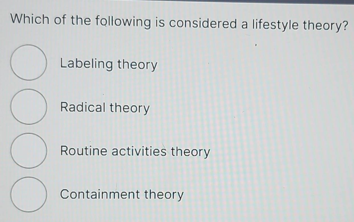 Solved: Which of the following is considered a lifestyle theory? Labeling theory Radical theory ...