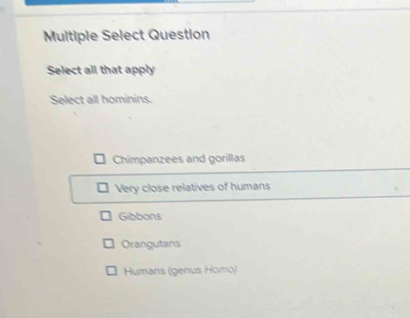 Solved: Multiple Select Question Select all that apply Select all hominins. Chimpanzees and ...