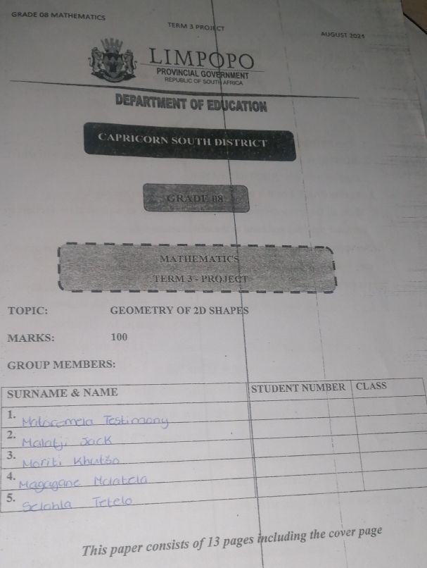 Solved: GRADE 08 MATHEMATICS TERM 3 PROJECT AUGUSt 2024 LIMPOPO ...