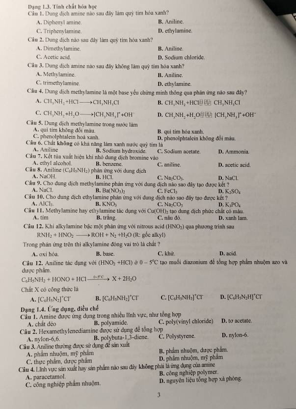 Giải quyết:Dạng 1.3. Tinh chất hóa học Câu 1. Dung dịch amine nào sau ...