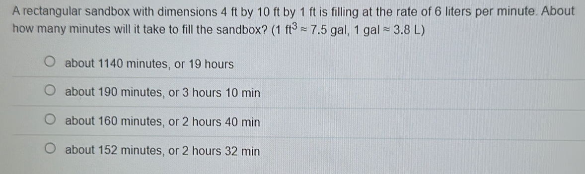 Solved: A rectangular sandbox with dimensions 4 ft by 10 ft by 1 ft is ...