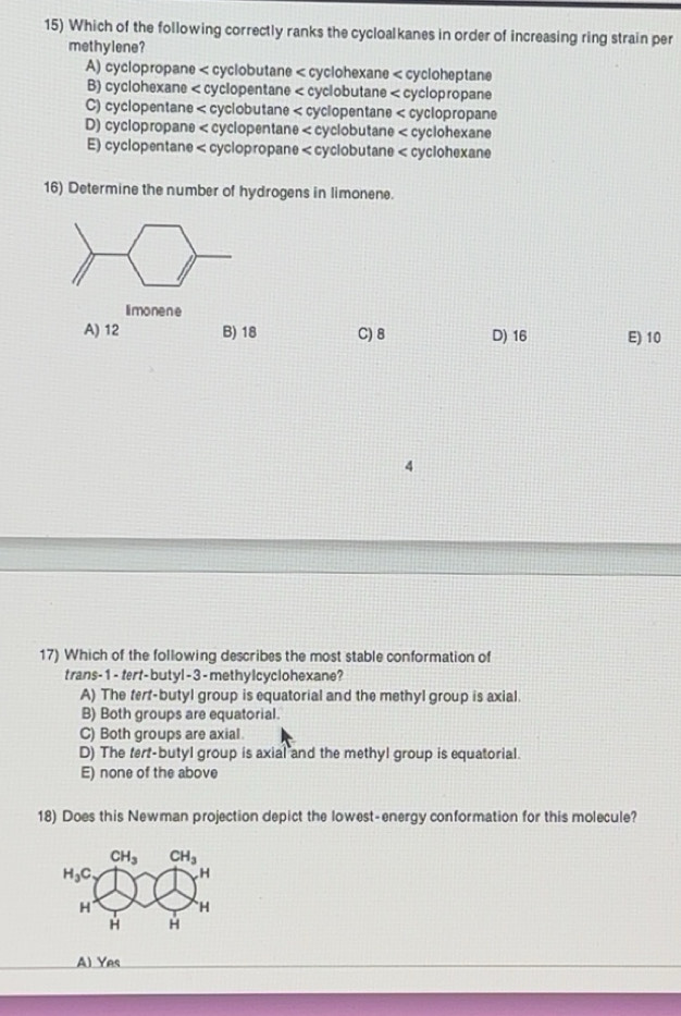 Solved: Which of the following correctly ranks the cycloalkanes in order of increasing ring ...