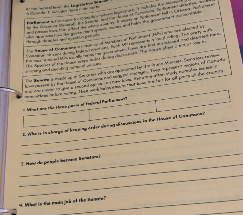 Solved: At the federal level, the Legislative Branch I in Canada. It ...