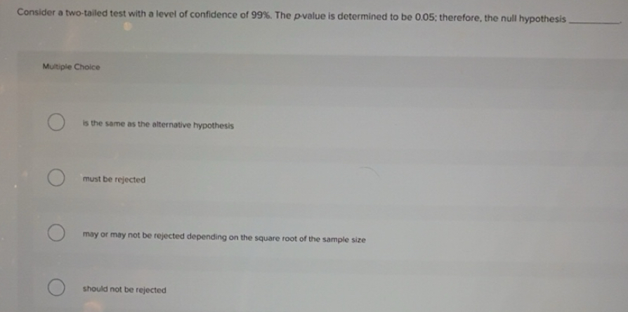 Solved: Consider a two-tailed test with a level of confidence of 99% ...
