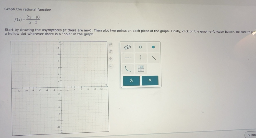 Solved: Graph the rational function. f(x)= (2x-10)/x-5 Start by drawing ...