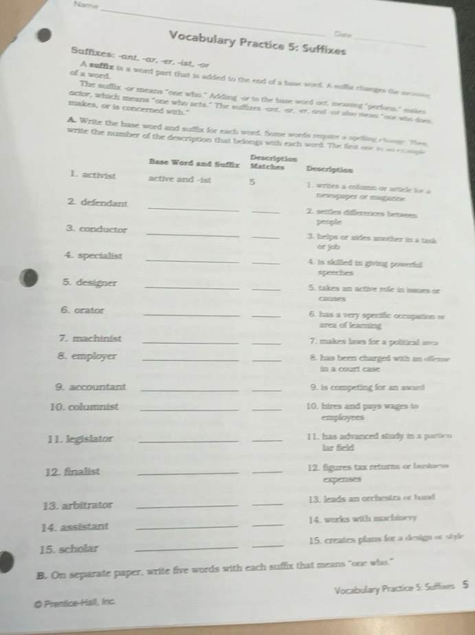 Solved: Name _ Diste Vocabulary Practice 5: Suffixes_ Suffixes: -ant ...
