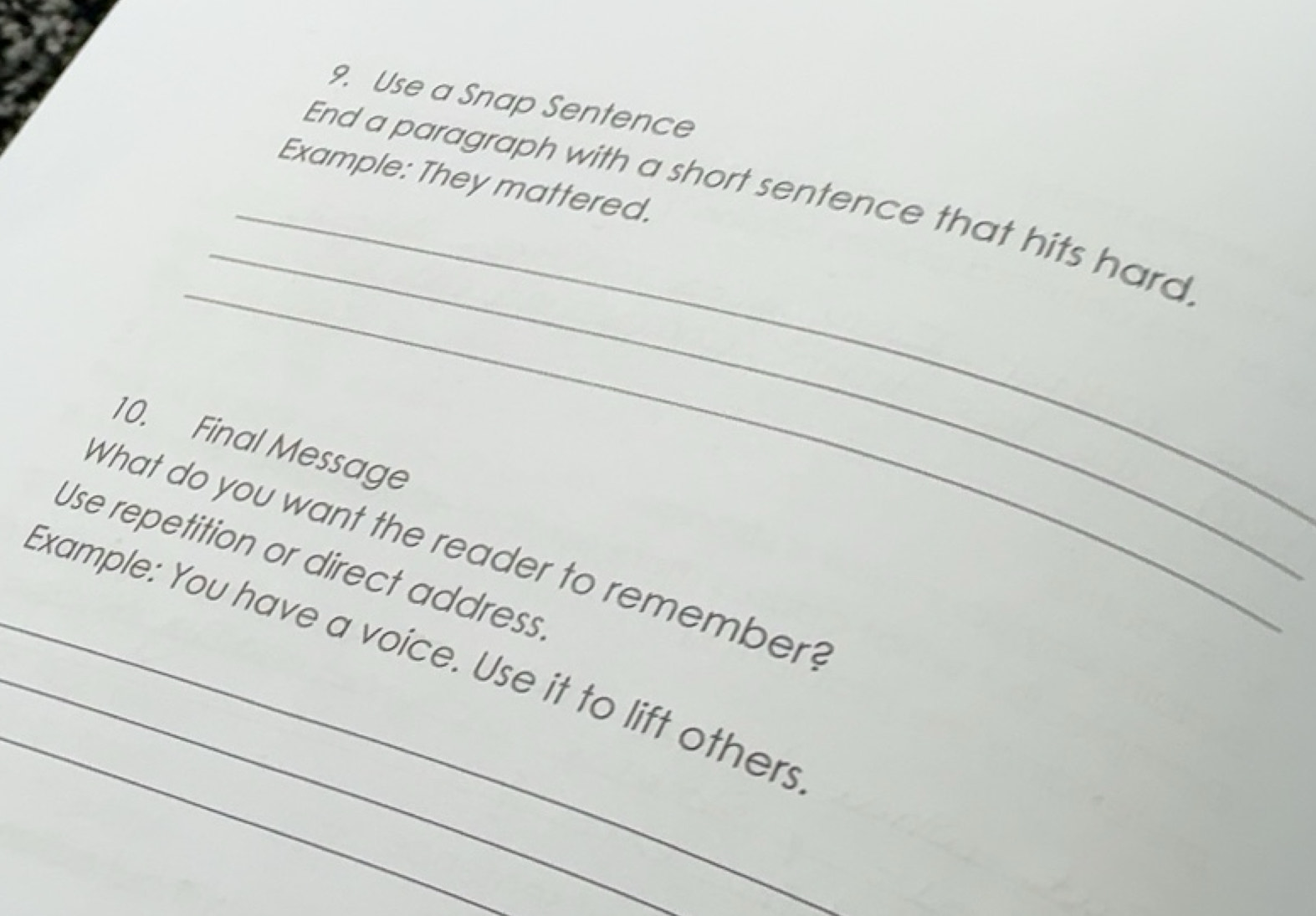 Solved: Use a Snap Sentence Example: They mattered. _ _End a paragraph ...