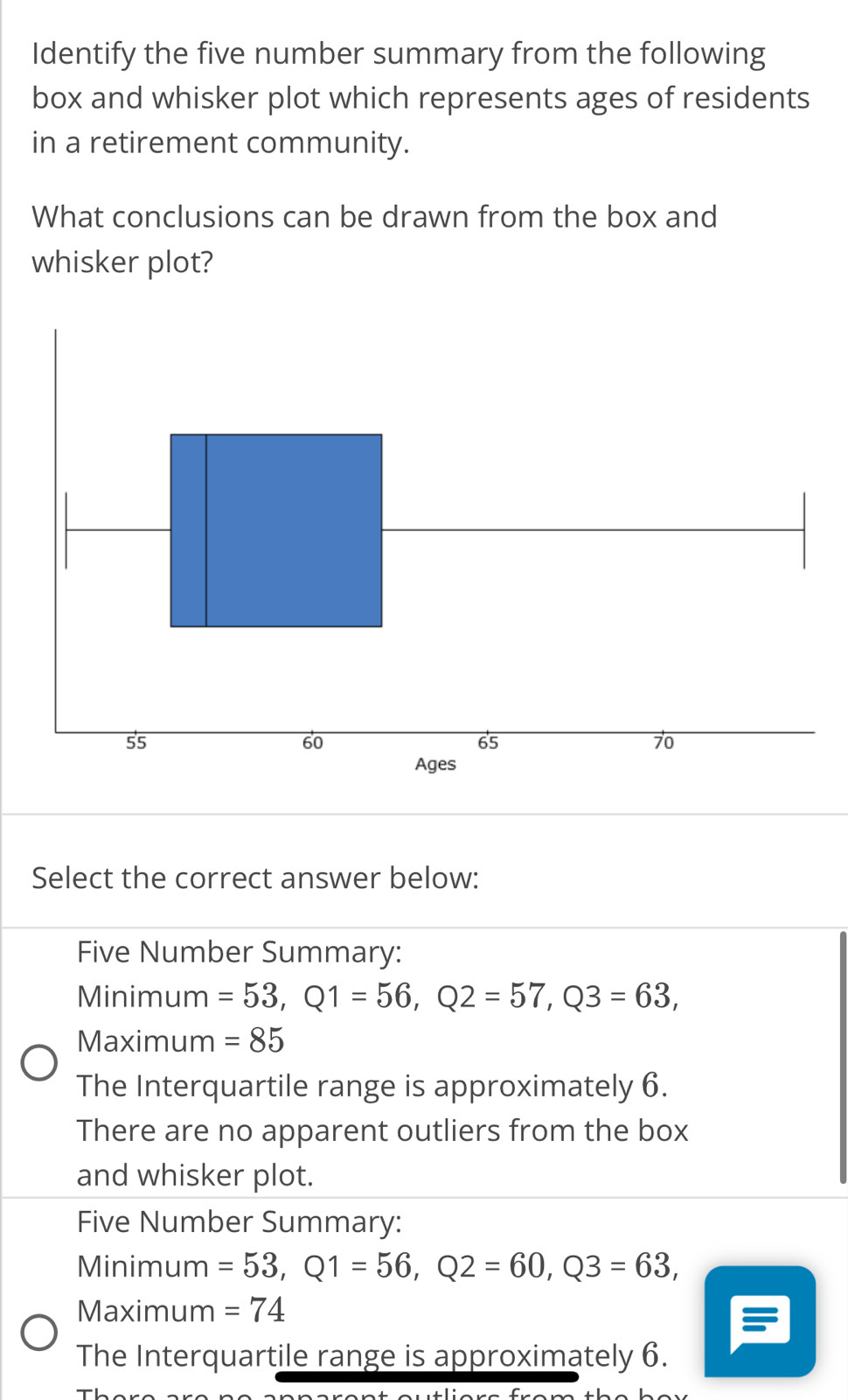 Solved: Identify the five number summary from the following box and ...