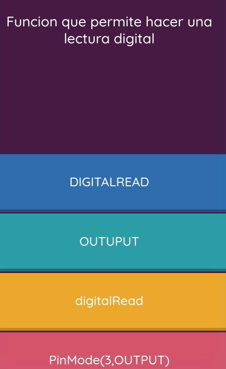 Resuelto:Funcion que permite hacer una lectura digital DIGITALREAD OUTUPUT digitalRead PinMode(3,OU