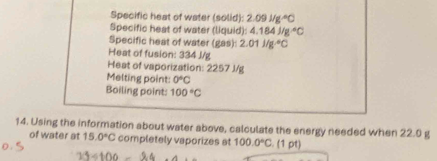 Solved: Specific heat of water (solid): 2.09J/g.^circ C Specific heat ...