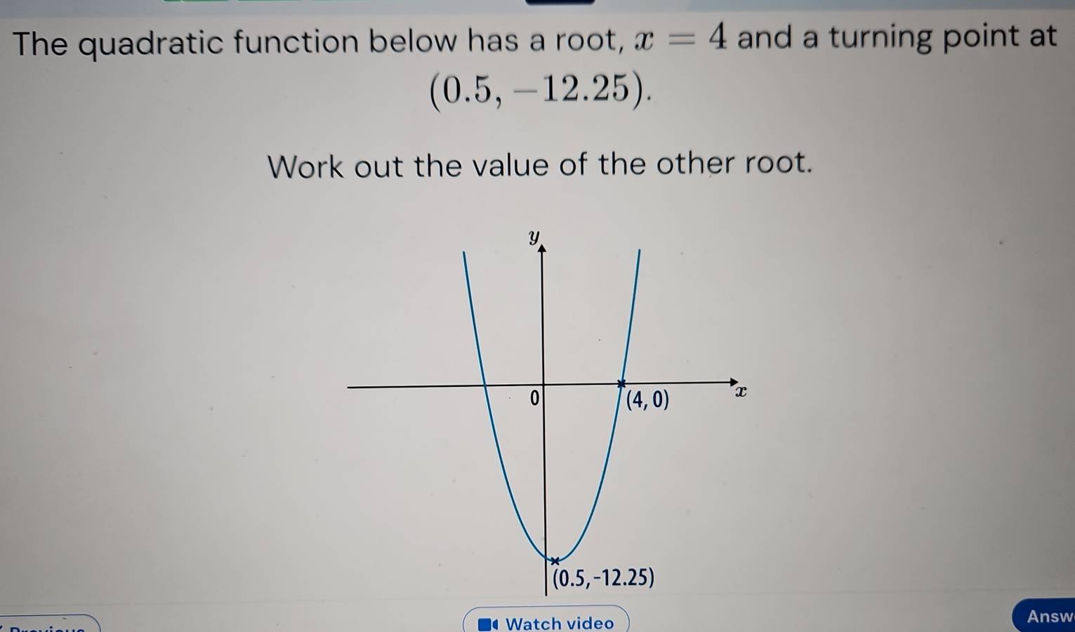 تم الحل:The quadratic function below has a root, x=4 and a turning point at (0.5,-12.25). Work out