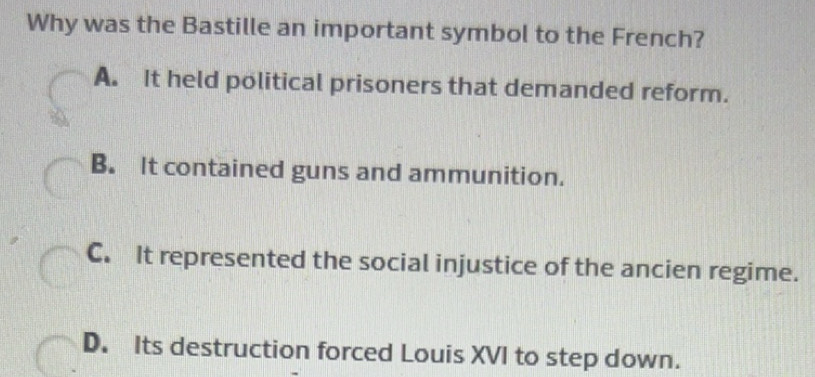 Solved: Why was the Bastille an important symbol to the French? A. It ...