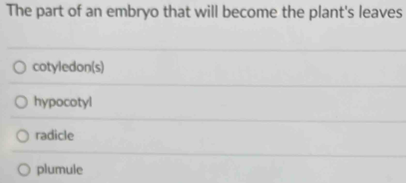 Solved: The part of an embryo that will become the plant's leaves ...