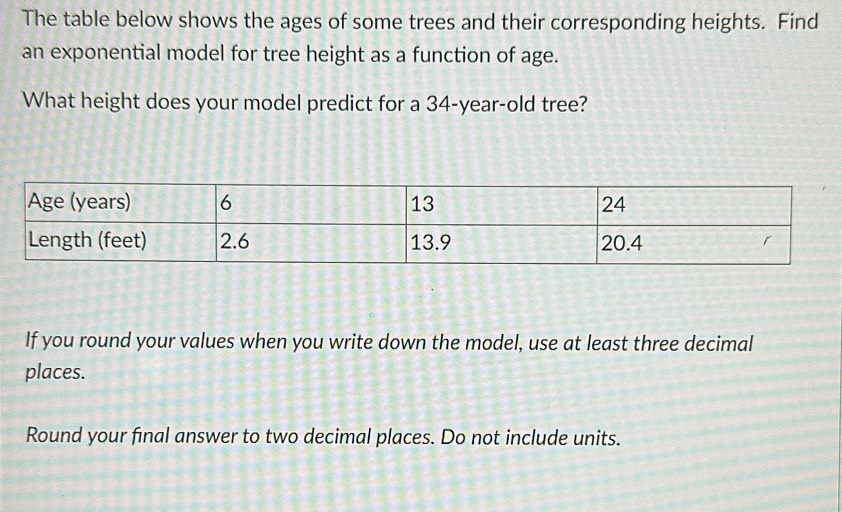 Solved: The table below shows the ages of some trees and their ...