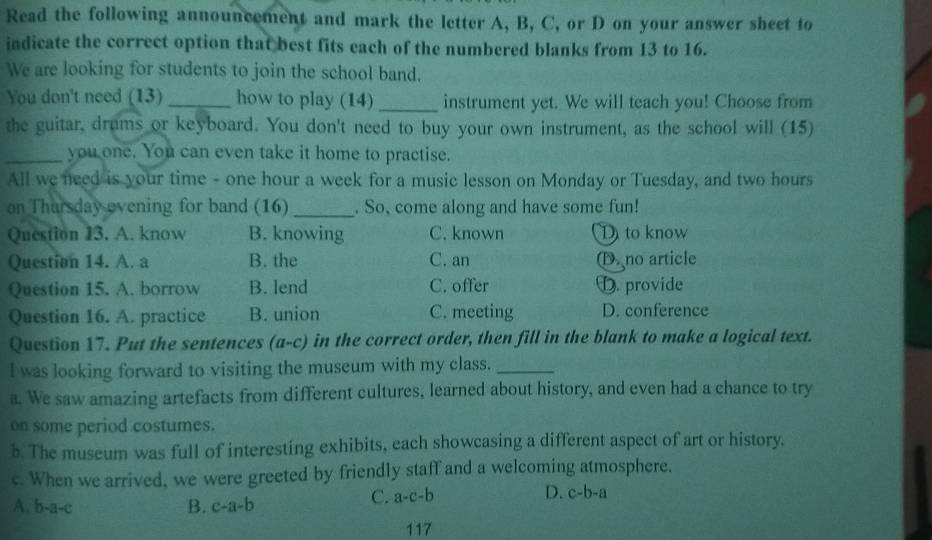 Giải quyết:Read the following announcement and mark the letter A, B, C ...
