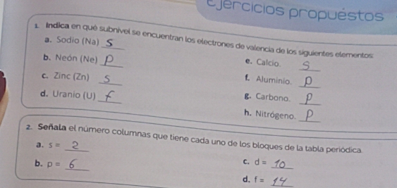 Resuelto:jercícios propuéstos a. Sodio (Na) 1. Indica en qué subnivel ...