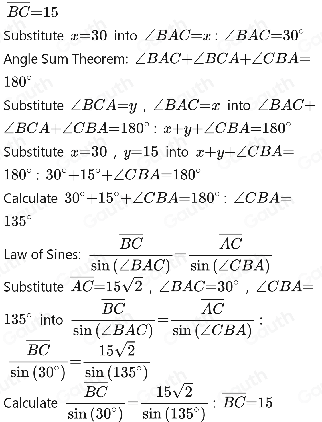 Resolvido:No triângulo da figura, x=30° _ y=15° e AC mede 15sqrt(2 ...
