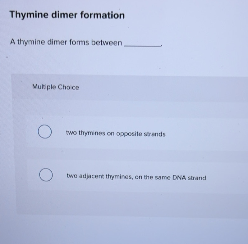 Solved: Thymine dimer formation A thymine dimer forms between ...