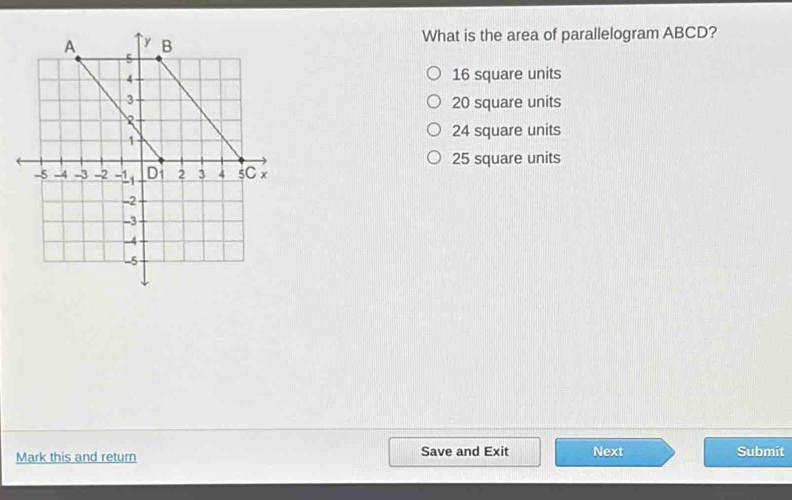 Solved: What is the area of parallelogram ABCD? 16 square units 20 ...