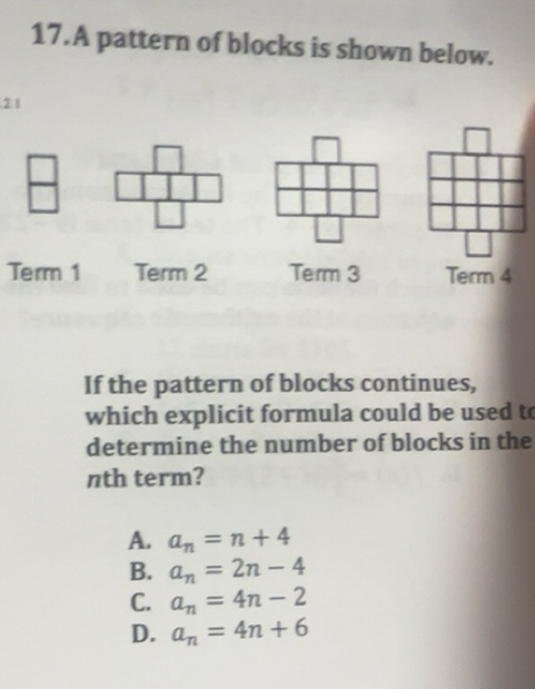 Solved: A pattern of blocks is shown below. 21 / Term 1 Term 2 Term 3 ...